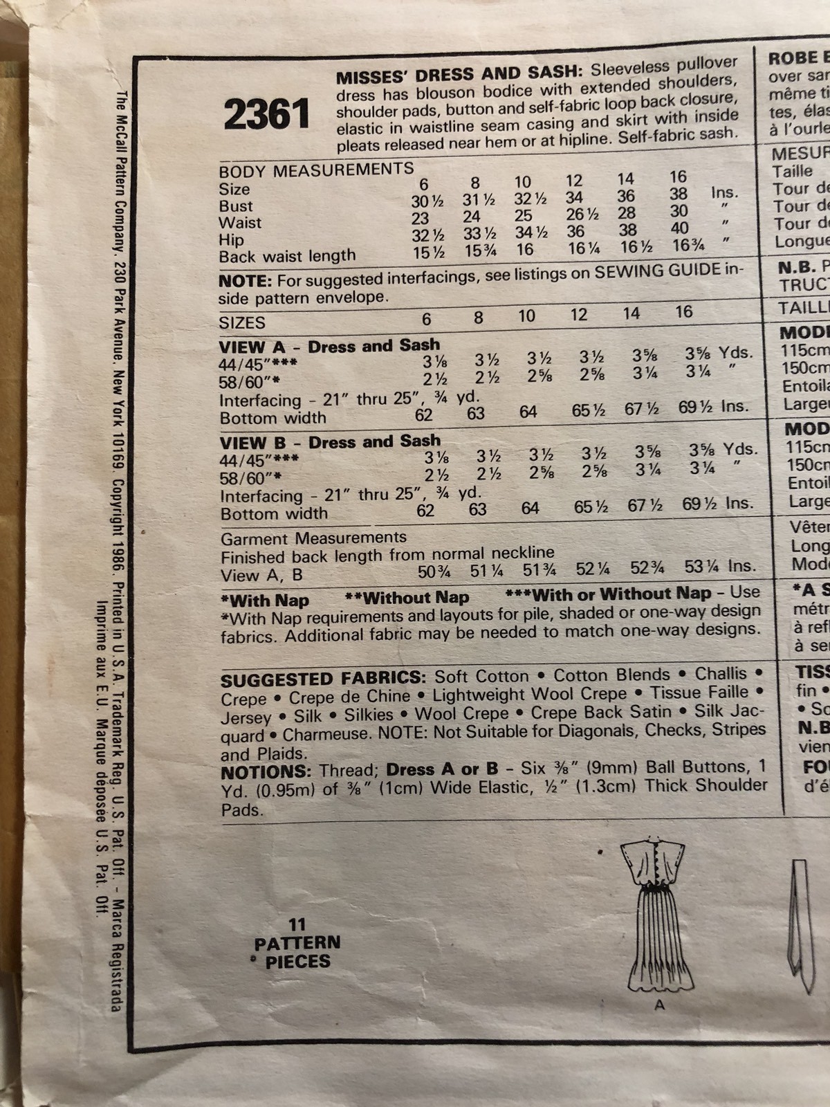 Sewing Patterns Year 1986 McCalls Number 2361 Miss Size 12 Dresses In ...