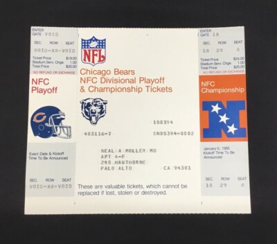 Chicago Bears 1984-85 NFC Playoff NFC Championship Unused Full Tickets ...