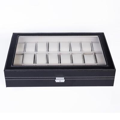 24-Slot Leather Watch Box Jewelry Storage Organizer Glass Top Display ...