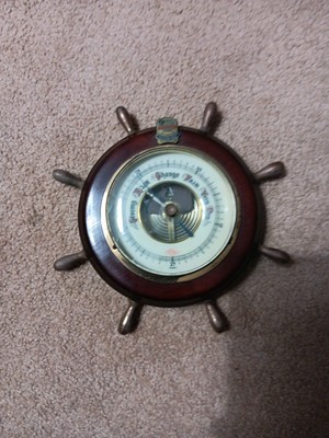 vintage ships wheel wood brass compass barometer | eBay