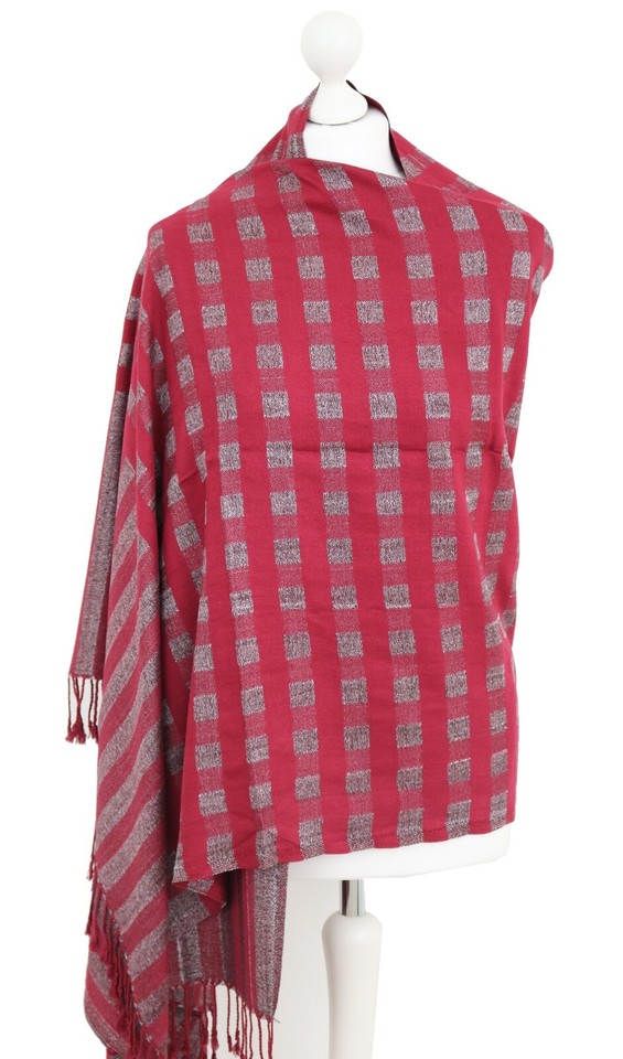 TASSELS SCARF Raspberry Red Large Check Pattern Tassels Scarves Wrap ...