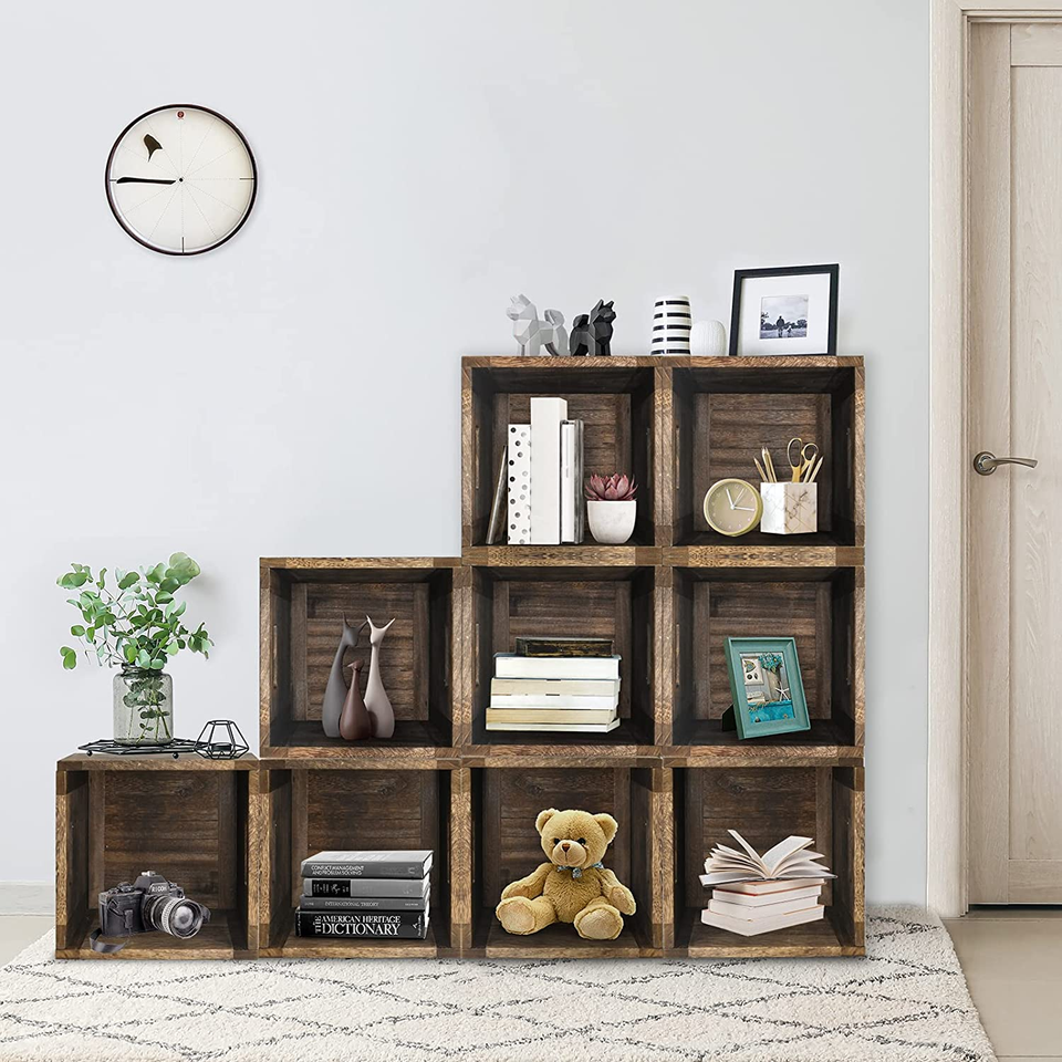 Wood Decorative Storage Cube Boxes Rustic Brown Large Storage Baskets ...