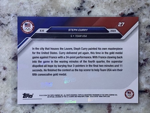 2024 OLYMPIC GAMES TOPPS NOW STEPH CURRY #27 GOLD MEDAL NIGHT NIGHT ...