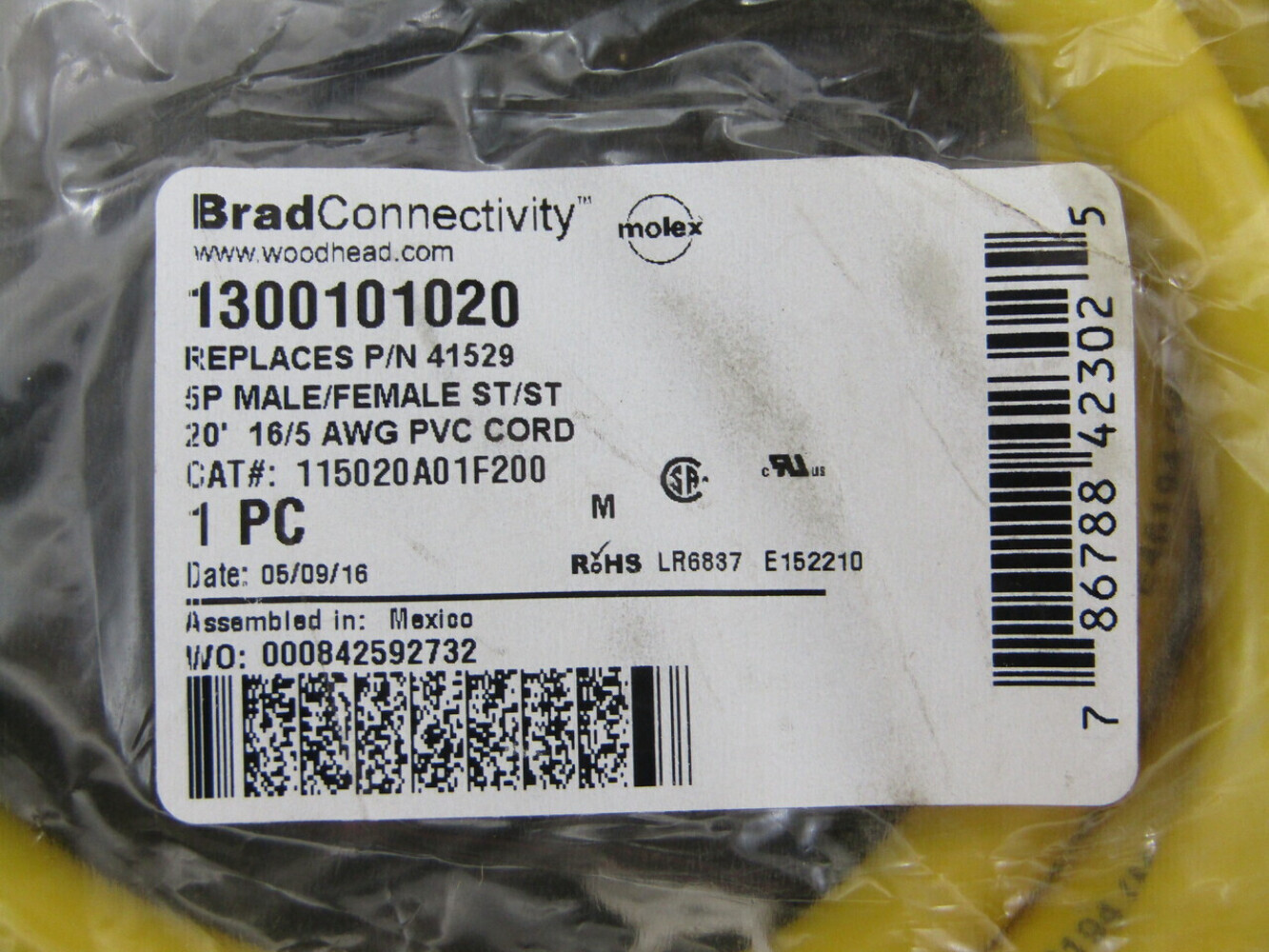 Brad Connectivity 115020A01F200 5P Male/Female ST/ST 20' 16/5 AWG PVC Cord | eBay