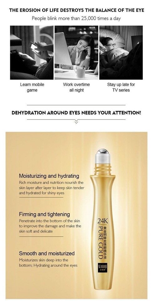 24K Gold Roll-on Puffy Eye Cream Dark Circles Puffiness Anti-Aging Fine ...