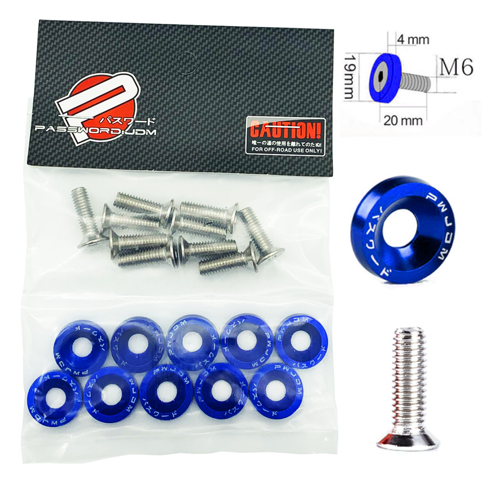 Password JDM BLUE ALUMINUM Fender Washers 10 PC Engine Bolt Dress Up ...