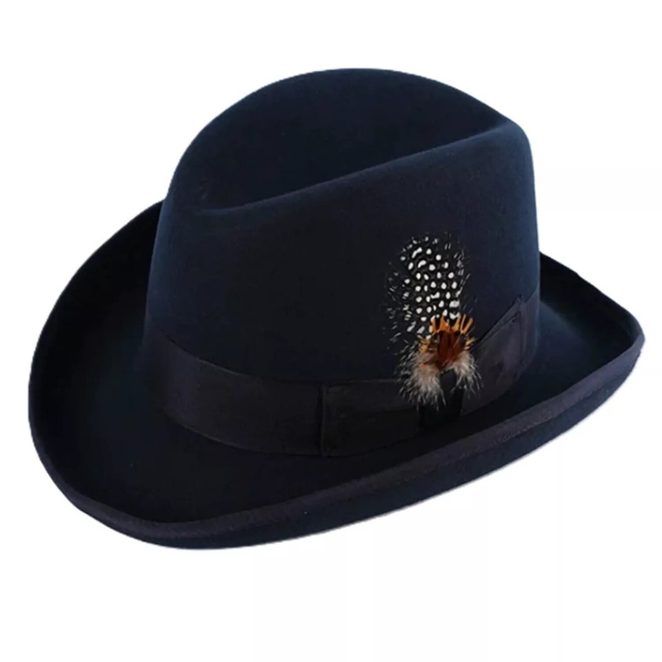 MENS WOOL NAVY FEDORA HAT NEW LINED HOMBURG DRESS SUIT GODFATHER | eBay
