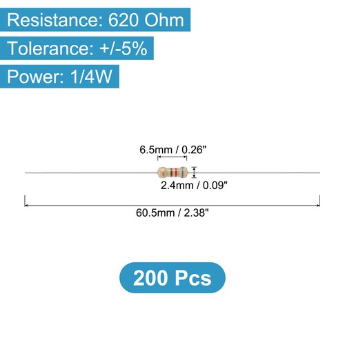 200 Pcs 1/4W (0.25 Watts) 620 Ohm ±5% Carbon Film Resistor Great for ...