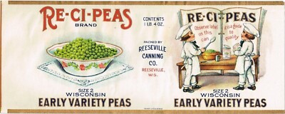 Re Ci Peas CHEF COOK REESEVILLE WISCONSIN 1925 Canned Food Label Art ...