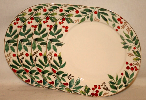 Grace Teaware Green Leaves & Red Berries Porcelain Dinner Plates Set of ...