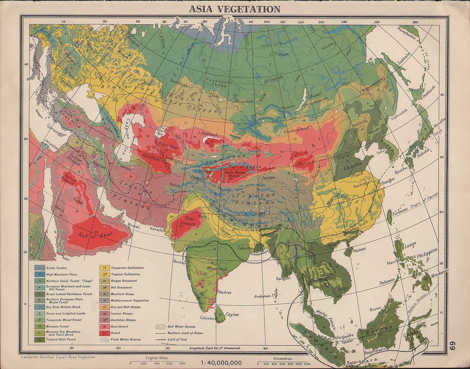 1939 MAP ~ ASIA VEGETATION TIBETAN PLATEAU DESERT MONSOON FOREST ...