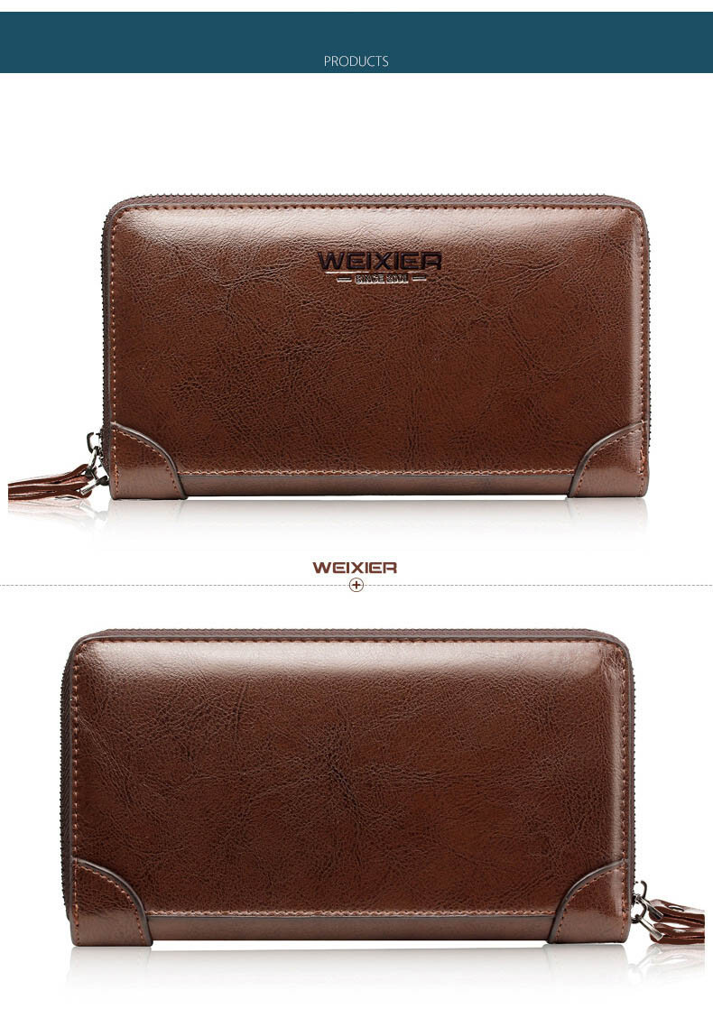 WEIXIER Business Men's Double Zipper Leather Clutch Wallet Purse ...
