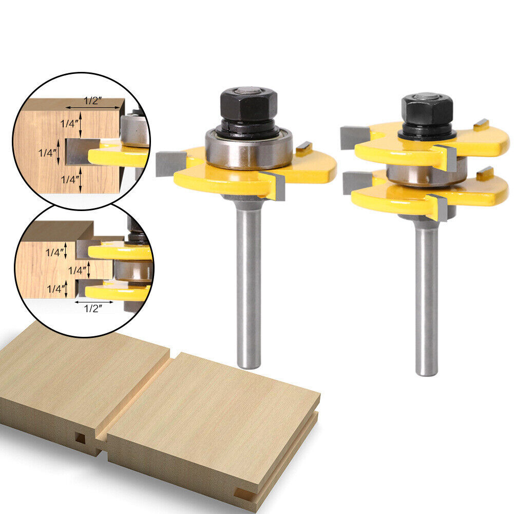 2 PCS Tongue and Groove Router Bit Set 1/4 Shank 3 Teeth Adjustable T ...