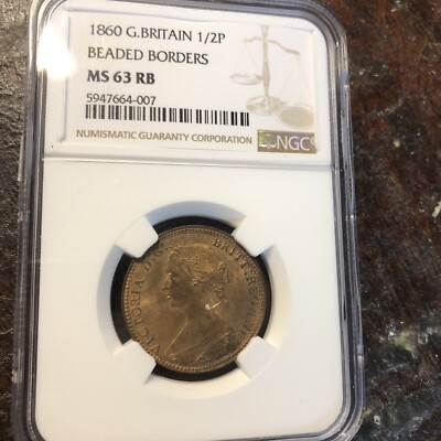 Great Britain 1860 Beaded Borders Ms-63 Ngc Graded Halfpenny | eBay
