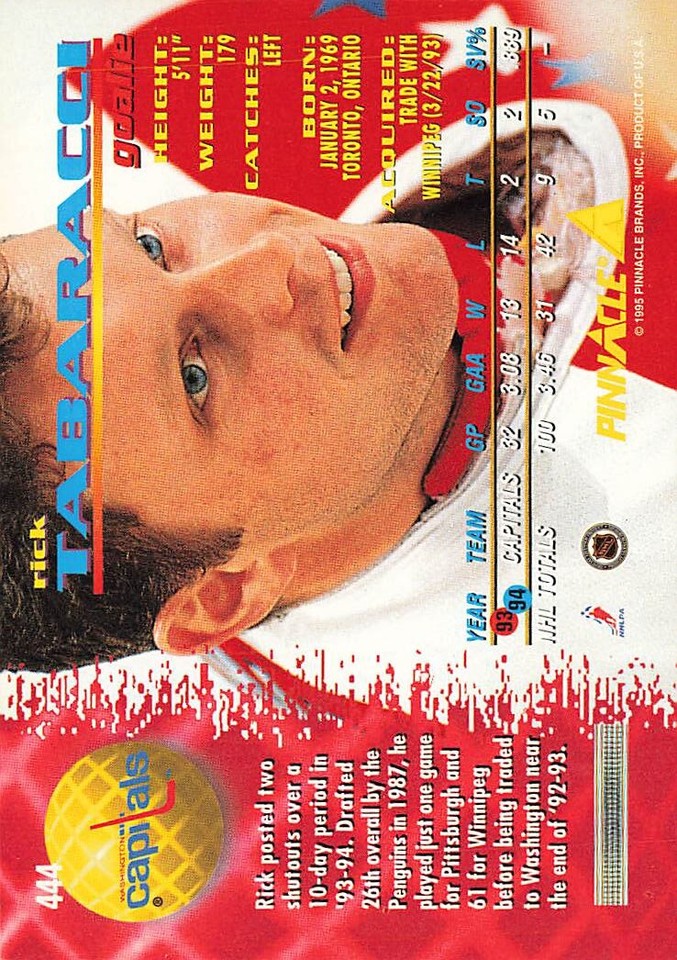 Rick Tabaracci 1994 Pinnacle #444 Washington Capitals | eBay