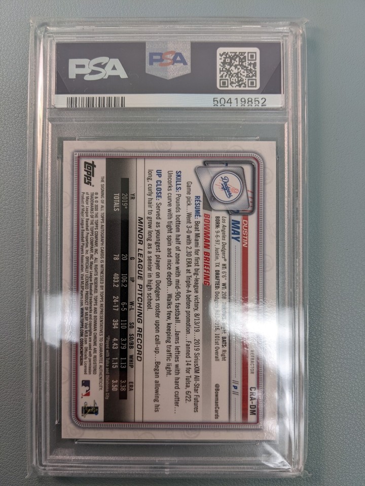 2020 Bowman Chrome Refractor #/499 RC Auto Dustin May PSA 9 Rookie ...