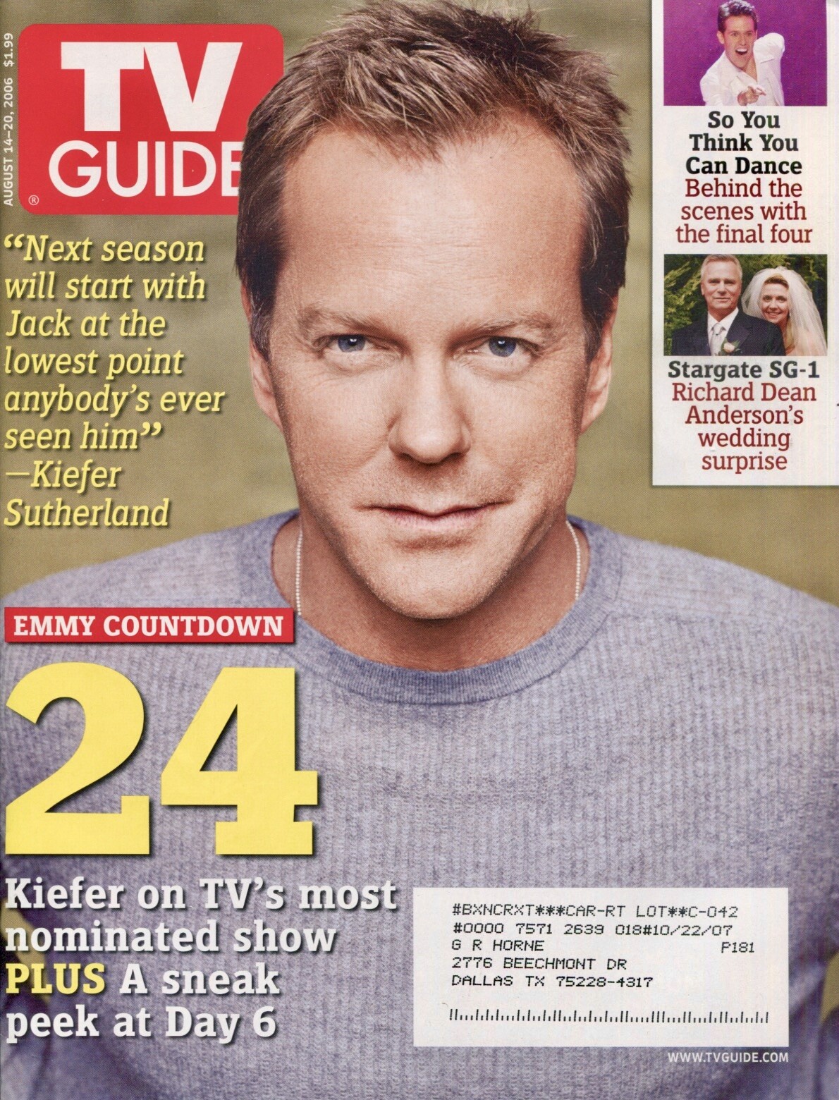 KIEFER SUTHERLAND ~ 24 ~ TV Guide Magazine ~ August 14, 2006 ~ E-1-3 | eBay