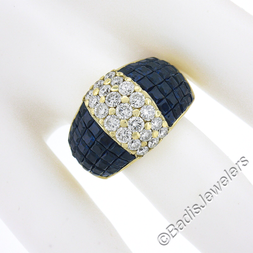 18K Gold 5.23ctw Mystery Invisible Set Sapphire & Diamond Wide Domed ...