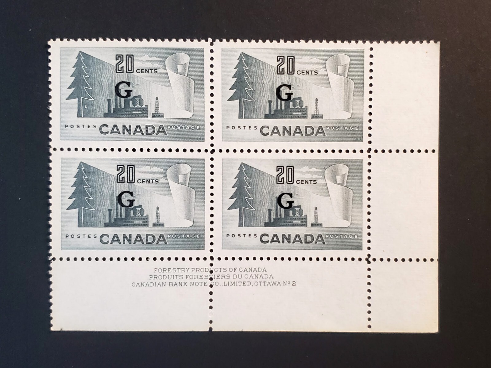 Stamps Canada Mint: O30 20c grey Pulp and Paper 'G' LR Pl. Blk.#2 VF ...