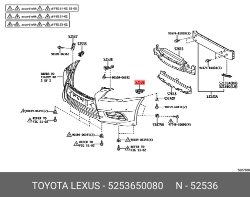 Genuine OE retainer, front bumper side, left, 5253650080 for TOYOTA ...