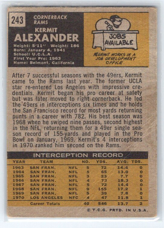 1971 Topps Kermit Alexander #243 Los Angeles Rams | eBay