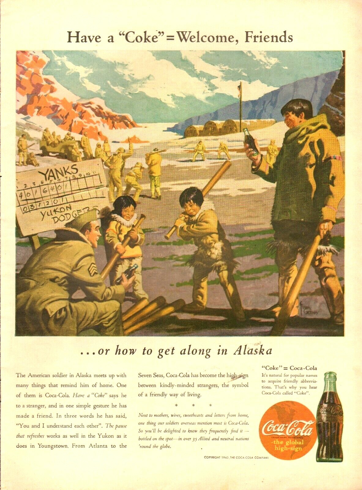 1943 WWII beverage AD COCA COLA Art Soldiers & Eskimo Kids Baseball 04 ...