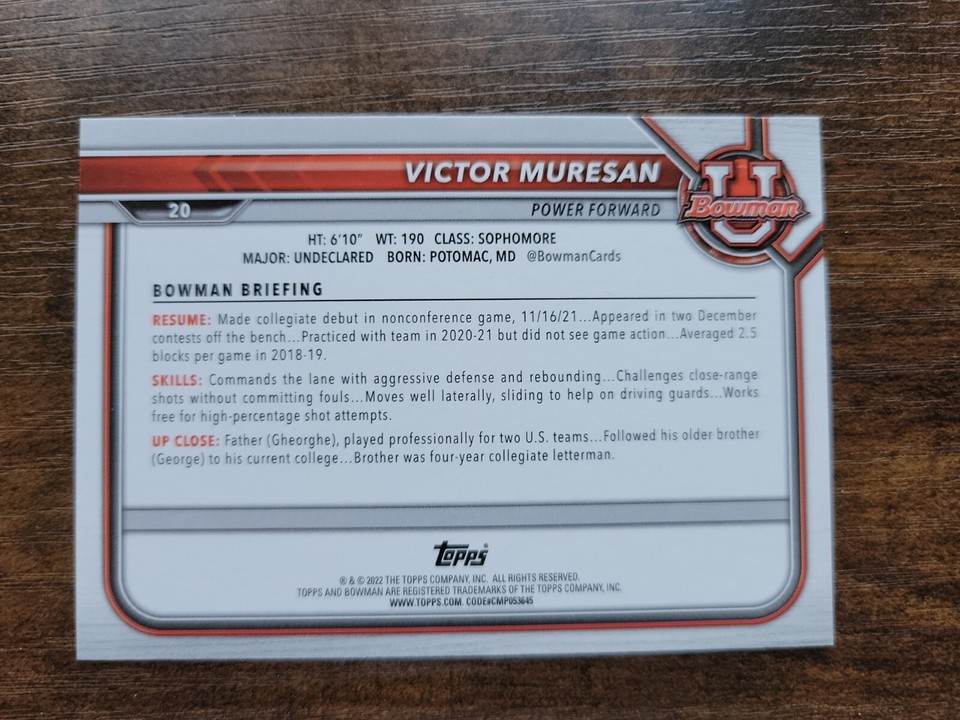 Victor Muresan 2021-2022 Bowman University #20 - Georgetown Hoyas ...