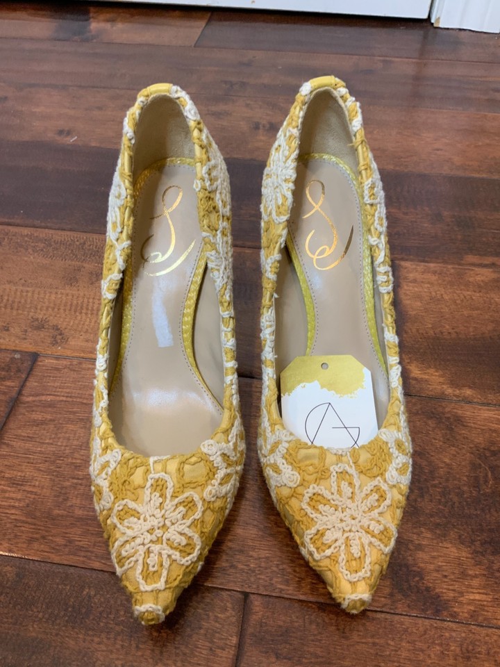 Sam Edelman Hazel Gold & White Embroidered Pump Heels $140, Size 6 (US ...