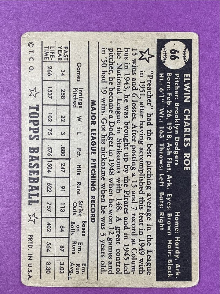 1952 Topps #66 Preacher Roe Brooklyn Dodgers LOW GRADE | eBay