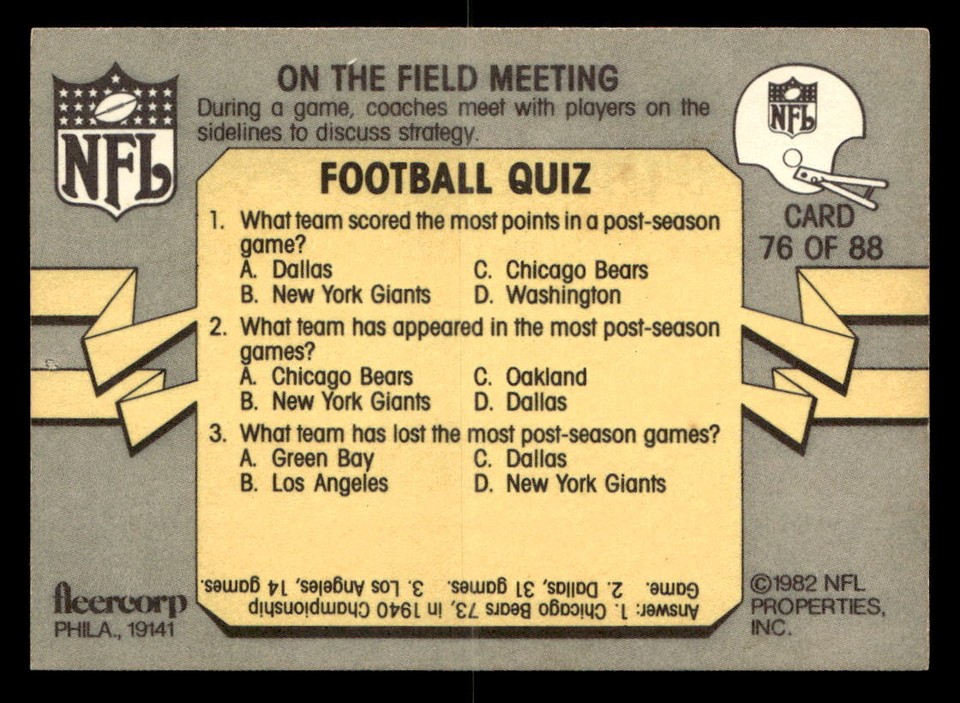 NFL Team Highlights 1982 Fleer Team Action Card #76 Washington Redskins ...