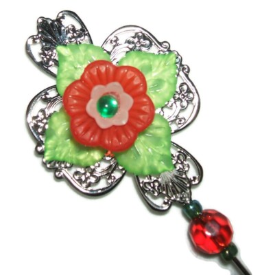 RED and GREEN FLOWER Long Stick Pin Hatpin Silver Pltd Vintage Garden ...