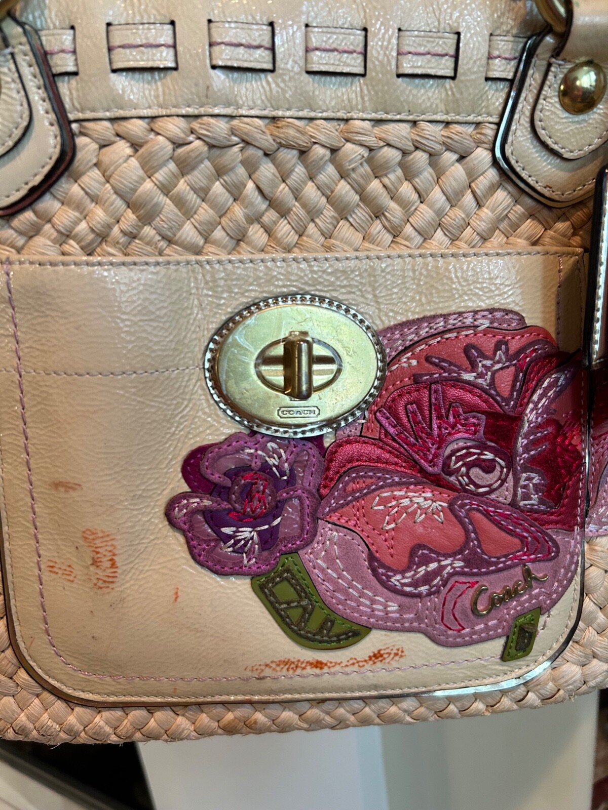 Coach Poppy Straw Applique Tote Bag Straw Patent Leat… - Gem