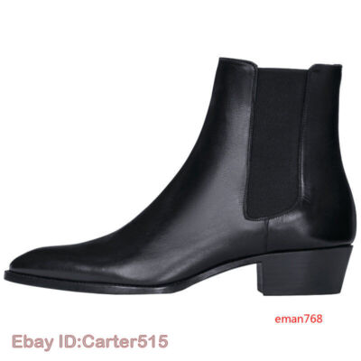 Mens Real Leather Pointy Toe Cuban Heel Chelsea Ankle Boots Dress Shoes ...