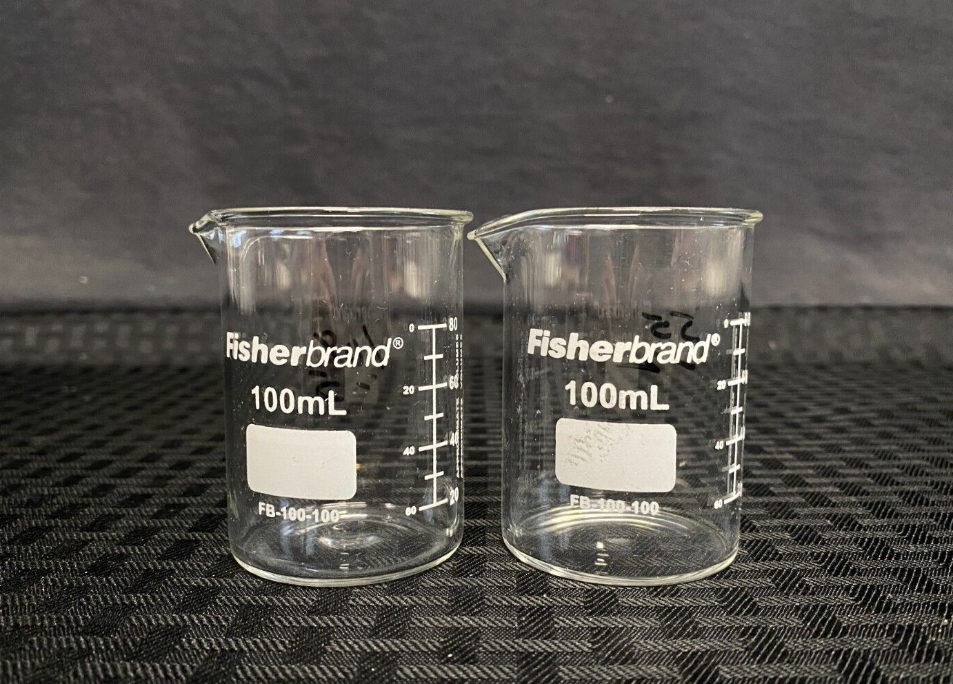 (2) Fisherbrand Glass 100mL Low Form Griffin Beaker Dual Scale FB-100 ...