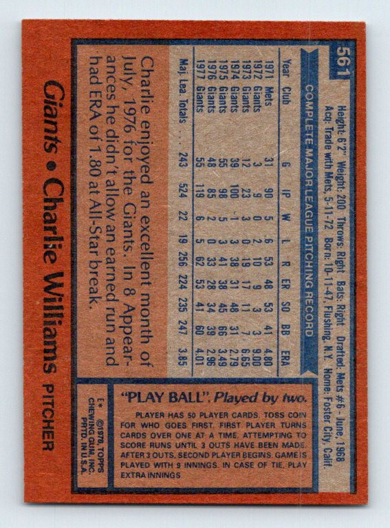CHARLIE WILLIAMS San Francisco Giants 1978 Topps Baseball Card B204 | eBay