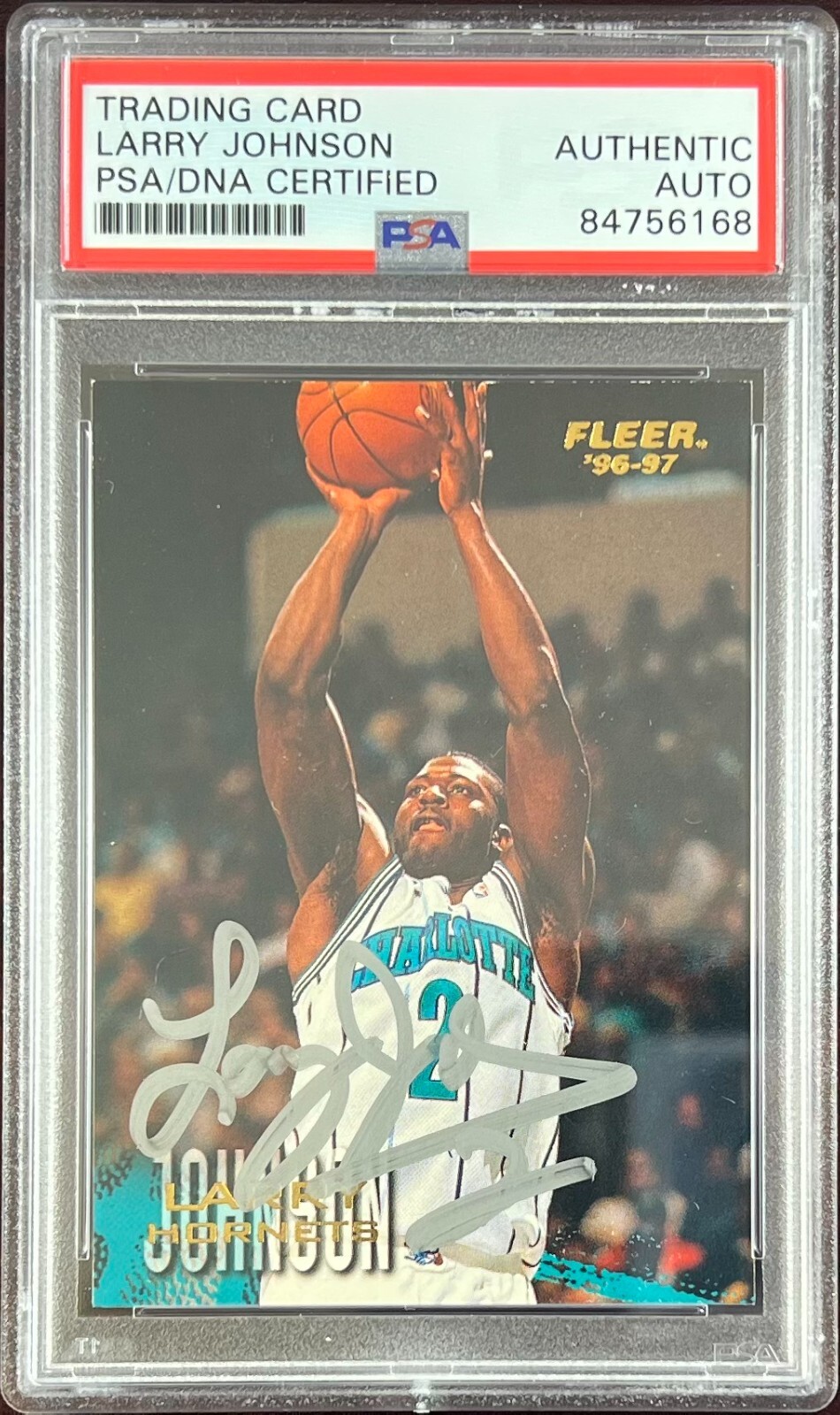 Larry Johnson auto signed 1996 Fleer #11 card Charlotte Hornets PSA ...