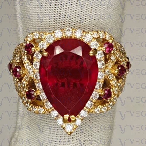 6.60Crt Pear Natural Red Ruby & Diamond 100% 14k SOLID Yellow Gold ...