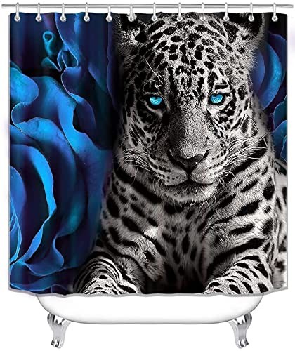 4PCS Blue Rose and Leopard Shower Curtain Bathroom Set with Blue Rose ...