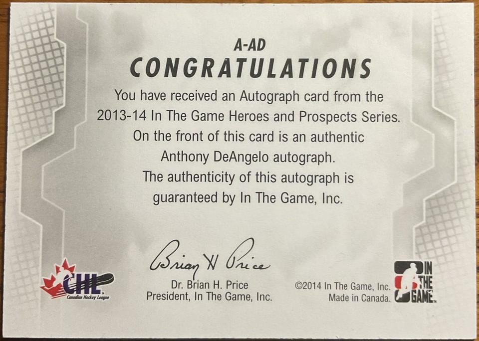 2013-14 ITG Heroes & Prospects Autographs Anthony DeAngelo #A-AD Sarnia ...