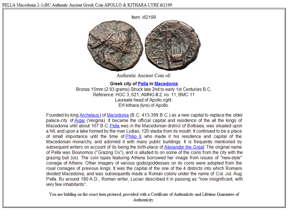 PELLA Macedonia 2-1cBC Authentic Ancient Greek Coin APOLLO & KITHARA ...
