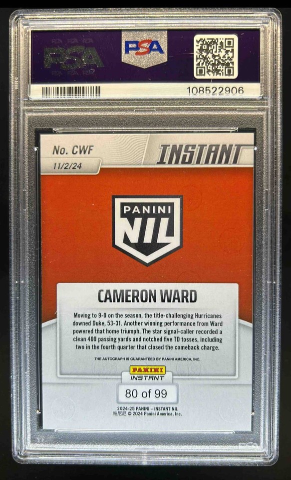 2024 Panini Instant NIL Football Cameron Ward Autograph Auto #80/99 PSA ...