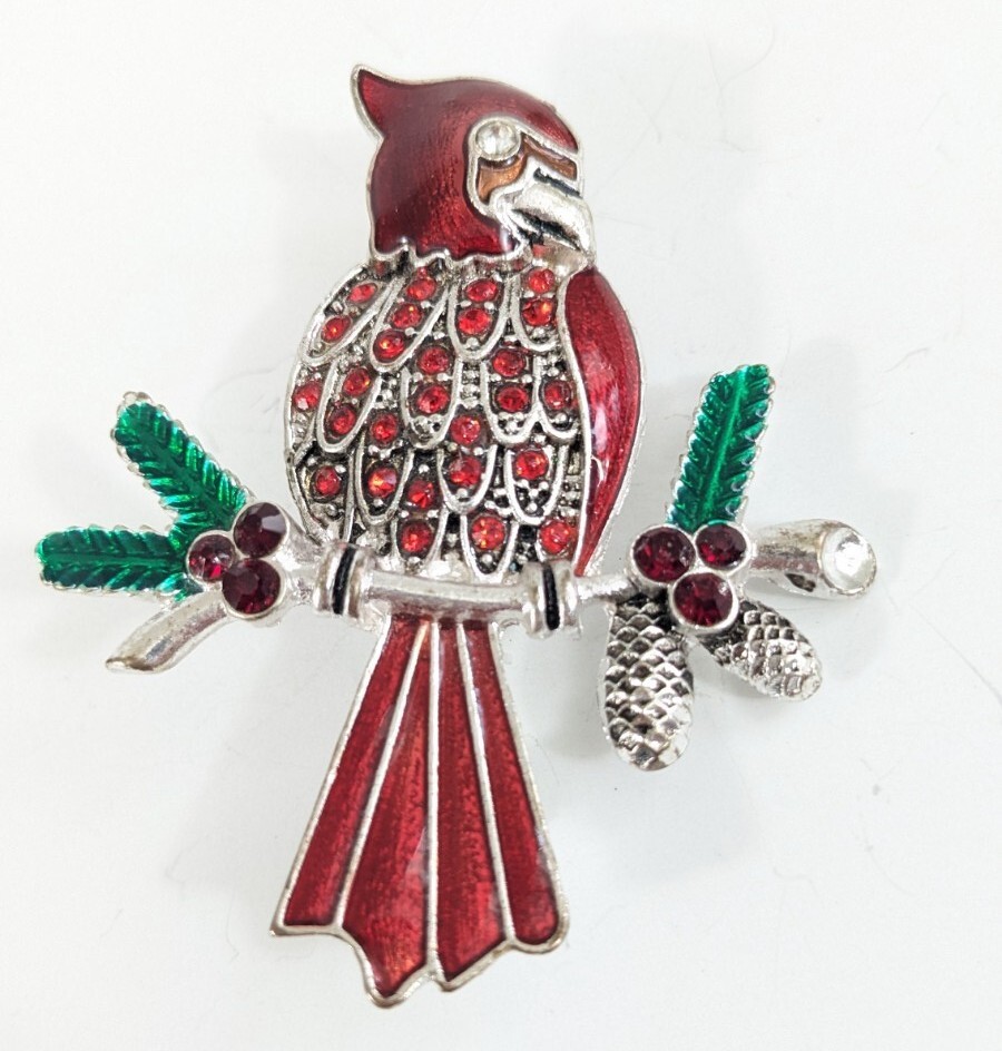 Cardinal Shaped Bird Brooch With Rhinestones And Enam… - Gem