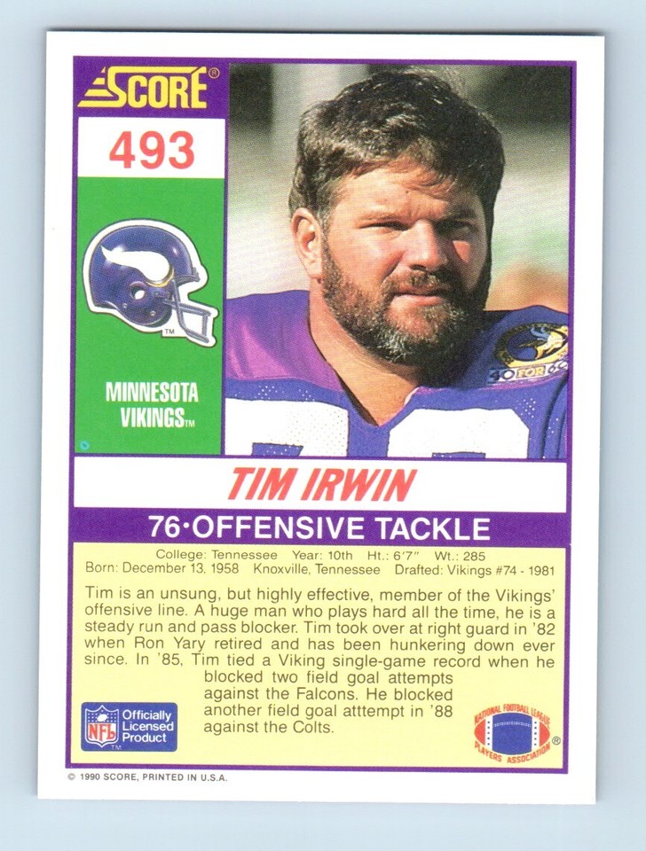 1990 Score Tim Irwin Rookie Minnesota Vikings #493 | eBay