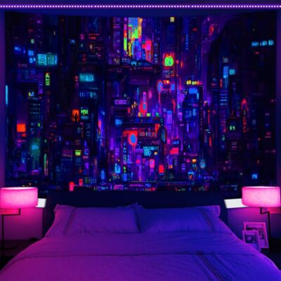 Abstract Neon City Anime Large Wall Art Poster Blacklight Tapestry UV ...