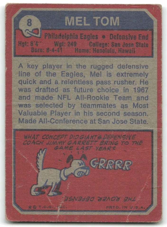 1973 Topps #8 Mel Tom RC, Rookie Card Philadelphia Eagles ** Creased ...