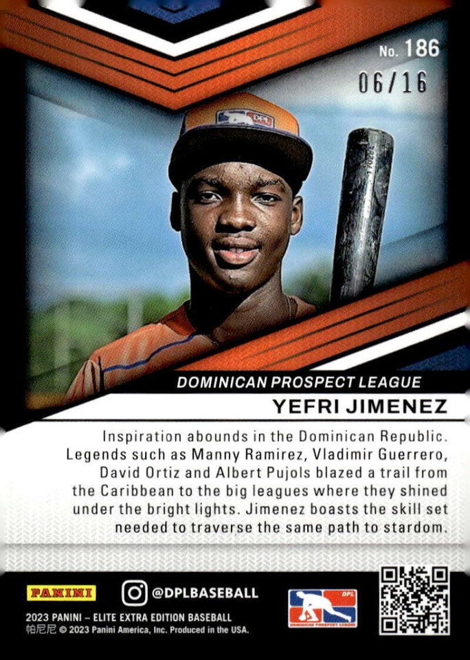YEFRI JIMENEZ RC 2023 Panini Elite Extra Edition /16 Blue FOTL #186 ROO ...