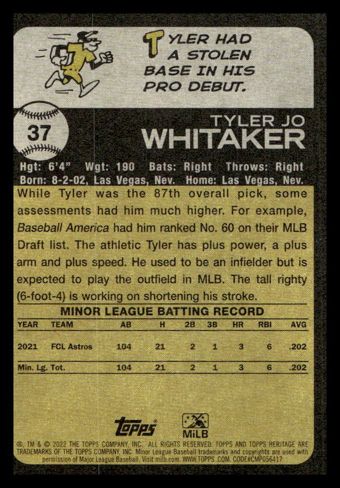 2022 Topps Heritage Minors 37 Tyler Whitaker Astros baseball card | eBay