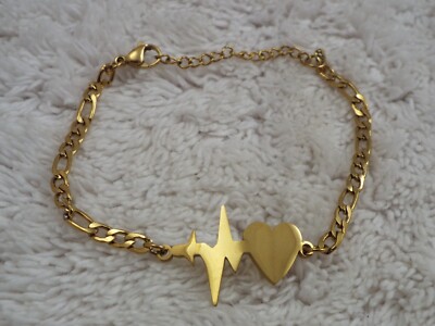 Goldtone Heartbeat Line Heart Chain Bracelet | eBay