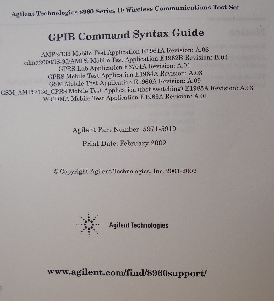 AGILENT 8960 SERIE 10 WIRELESS COMMUNICATIONS TEST SET GPIB COMMAND ...