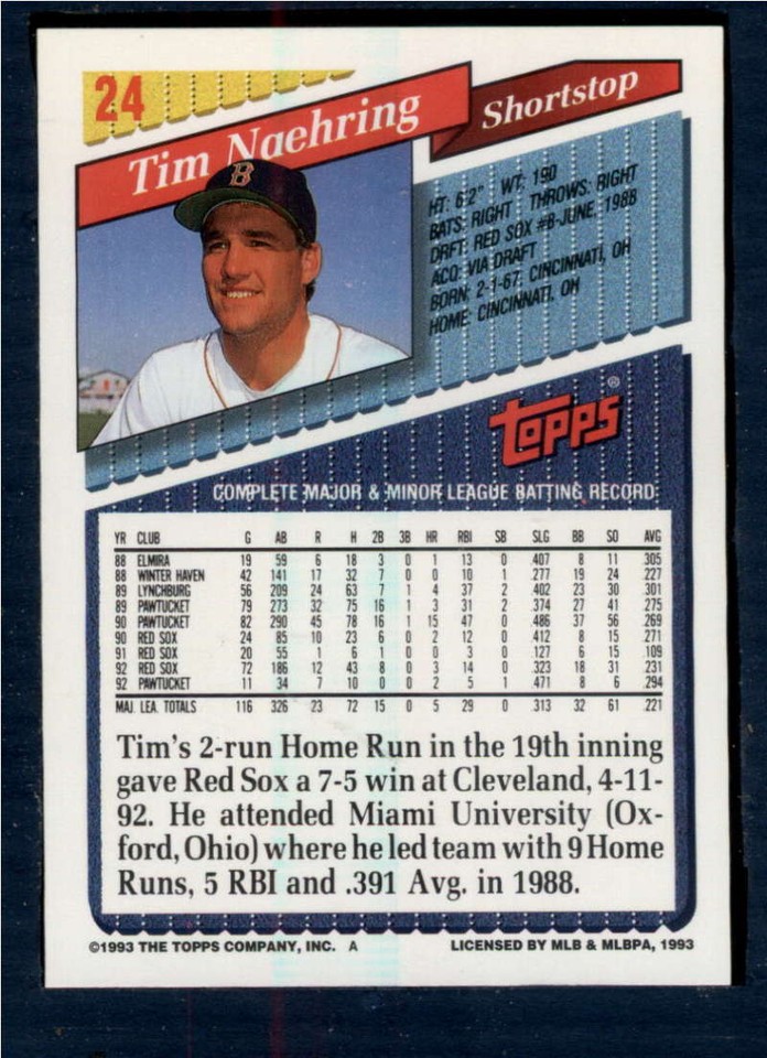 1993 Topps #24 Tim Naehring NMMT Red Sox | eBay